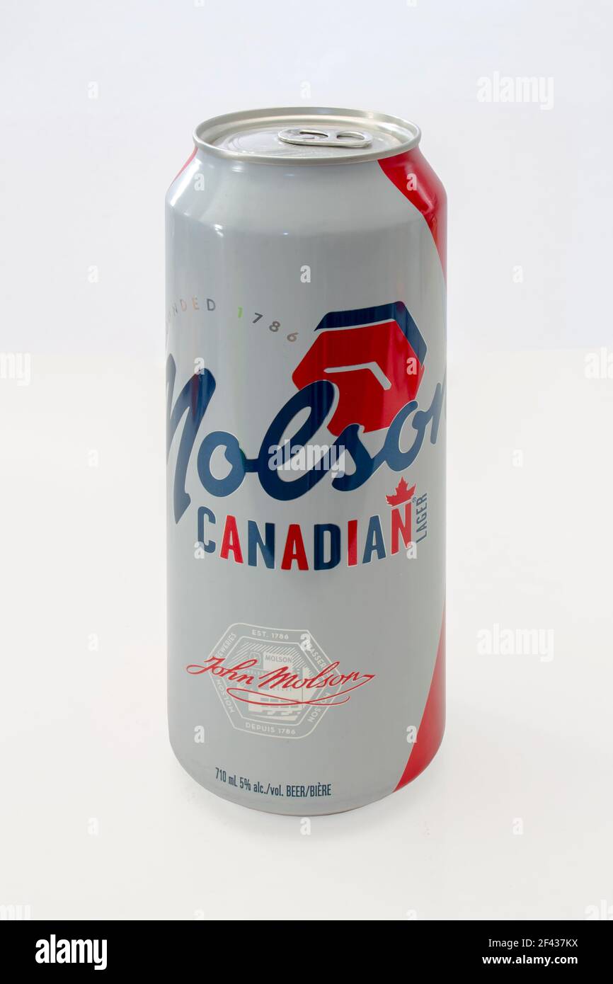 Calgary Alberta, Canada. March 18, 2021. A Can of Molson Canadian 710ml ...