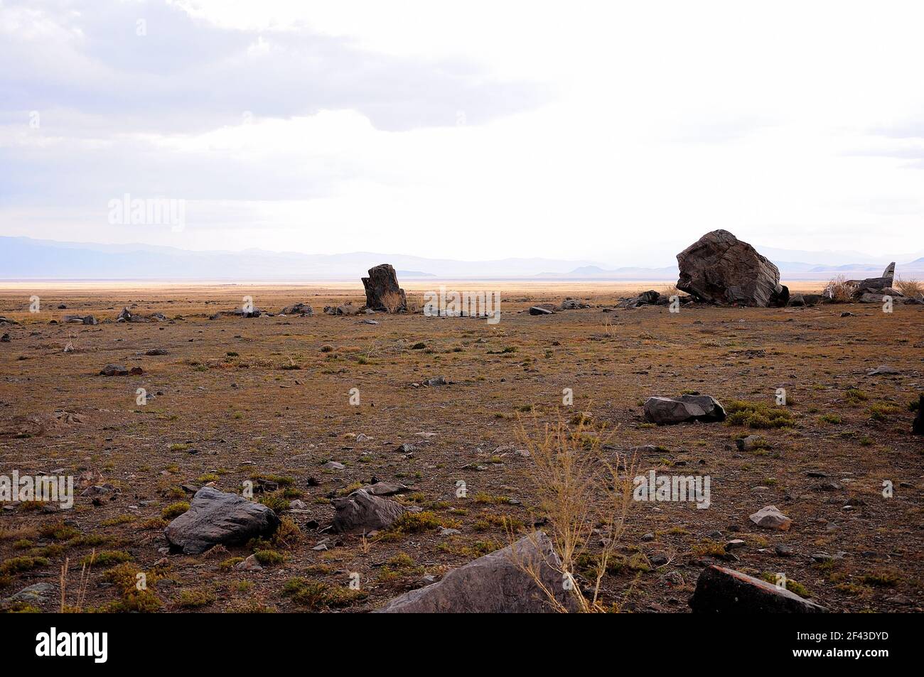 Remains of an ancient stone ritual structure in the autumn steppe ...