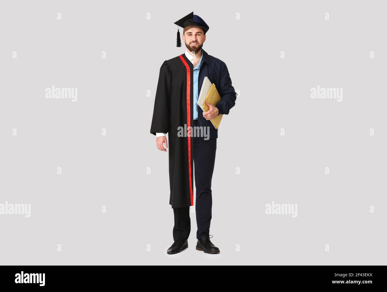 Comparison portrait of young man in bachelor robe and uniform of ...