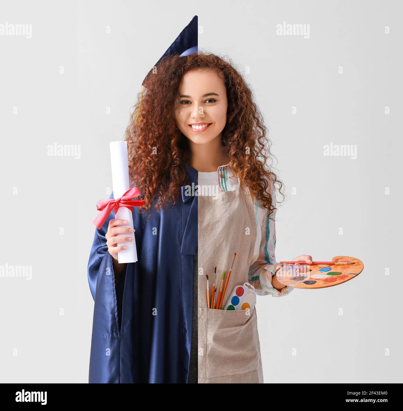 Comparison portrait of young woman in bachelor robe and uniform of ...
