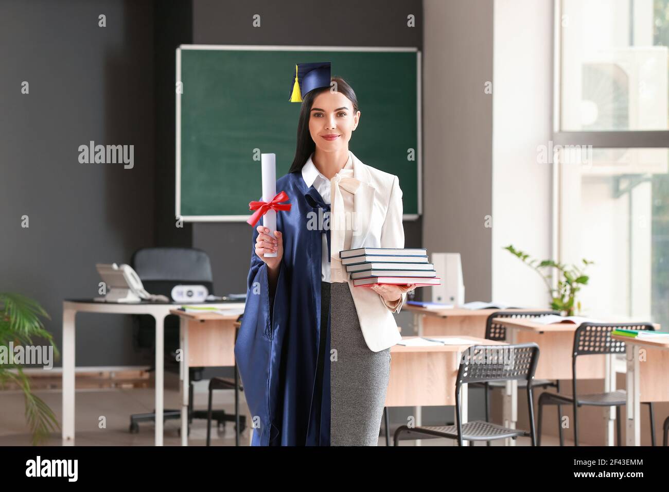 Comparison portrait of young woman in bachelor robe and uniform of ...