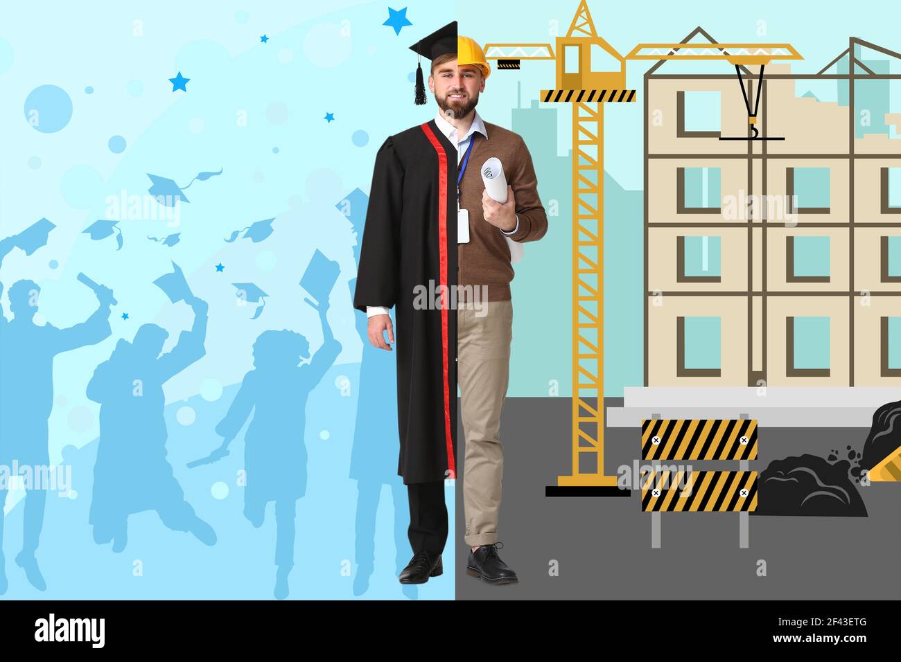 Comparison portrait of young man in bachelor robe and uniform of ...