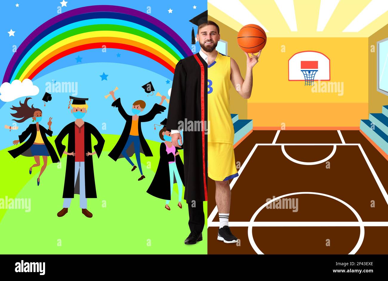 Comparison portrait of young man in bachelor robe and uniform of ...