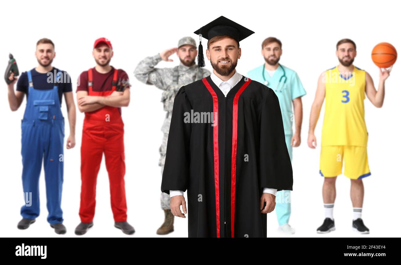 Collage of young man in bachelor robe and uniforms of different ...