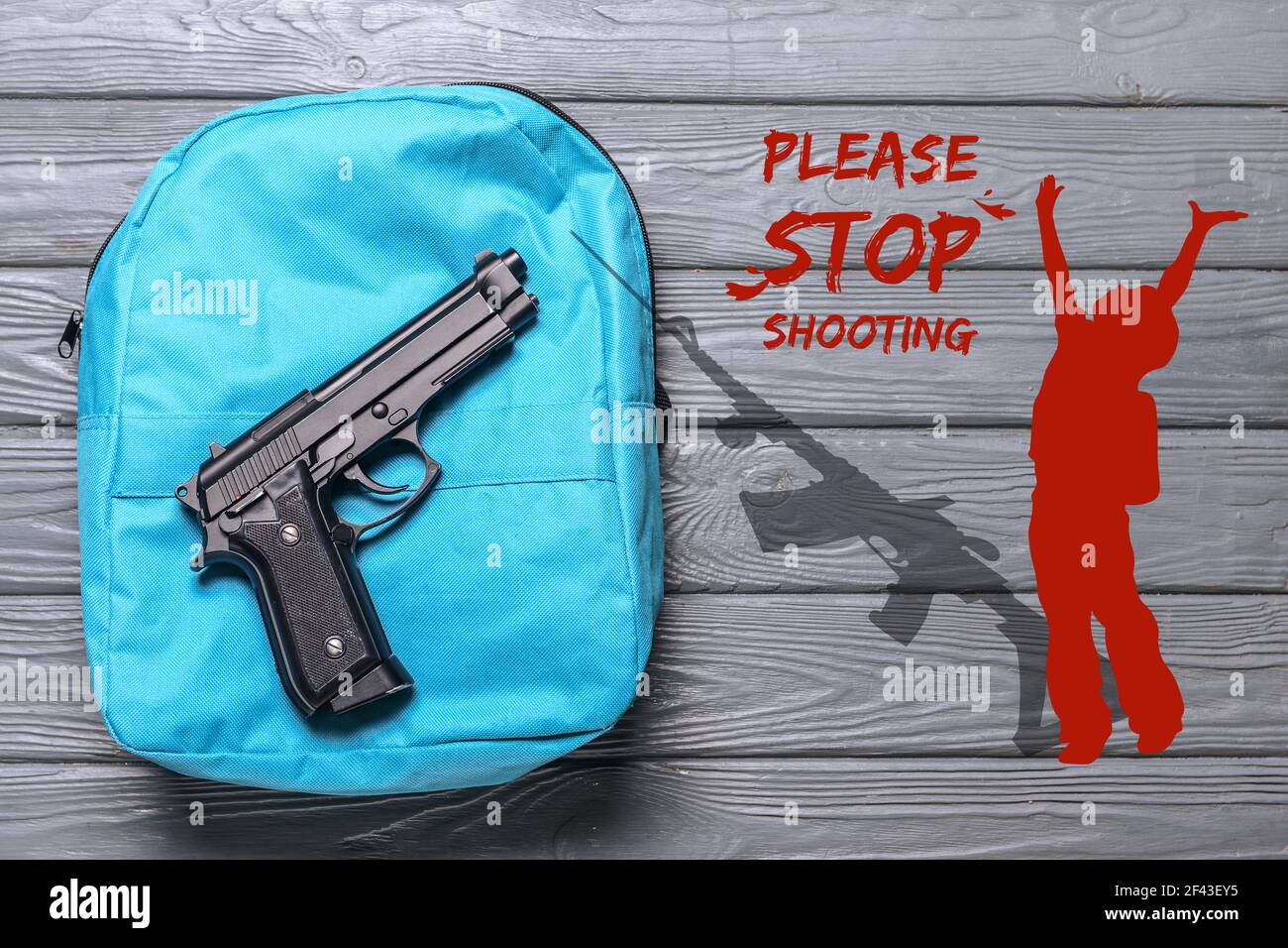 School backpack, gun, drawn child and text PLEASE STOP SHOOTING on ...