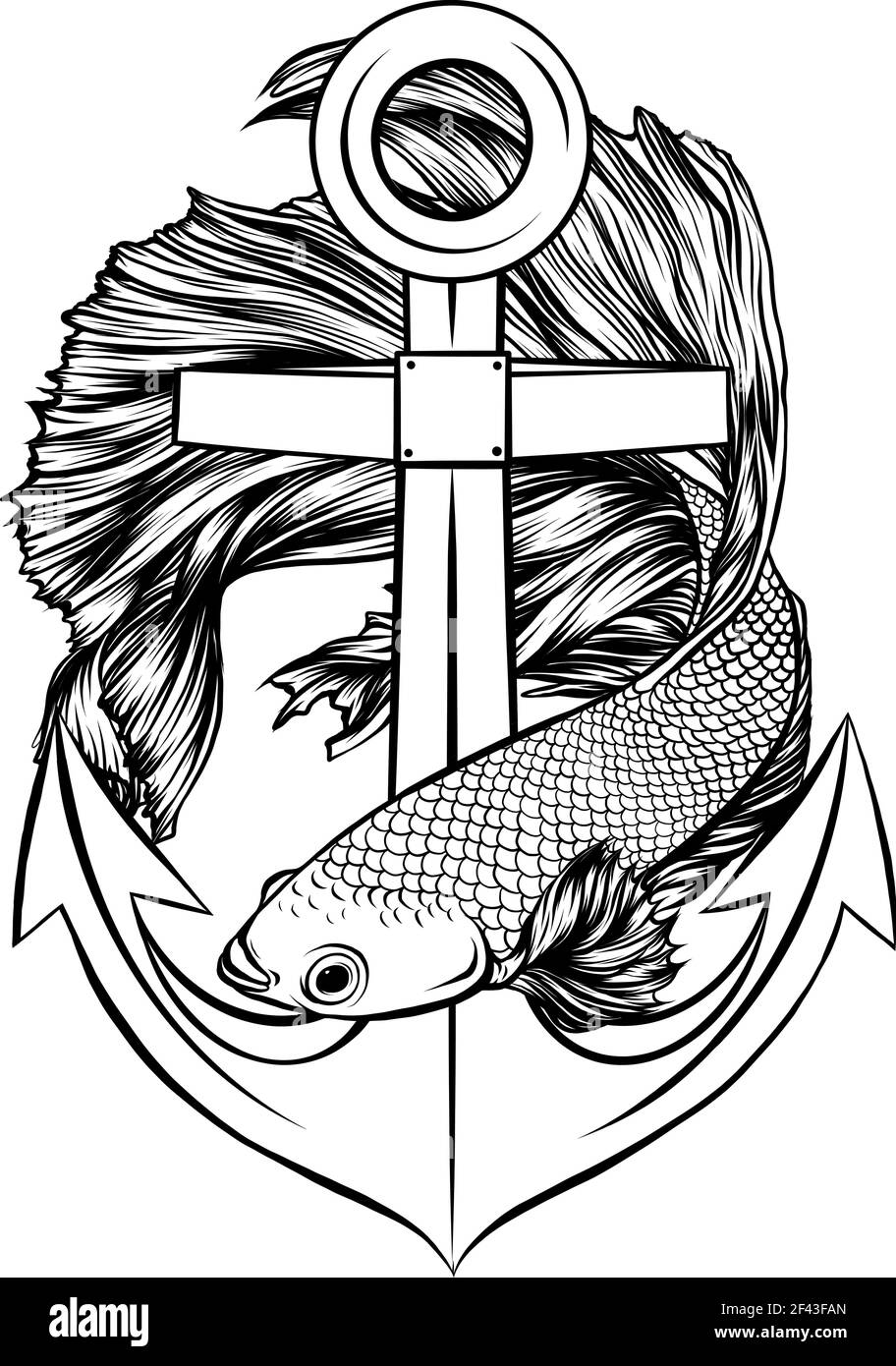 draw in black and white of fish around the anchor vector illustration ...