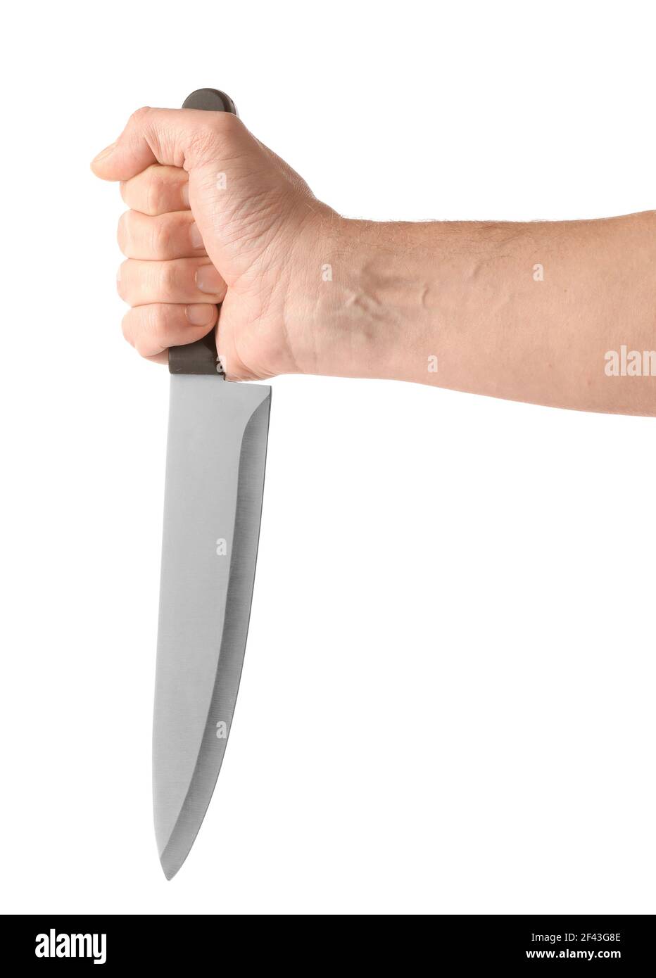 Male hand with knife on white background Stock Photo - Alamy