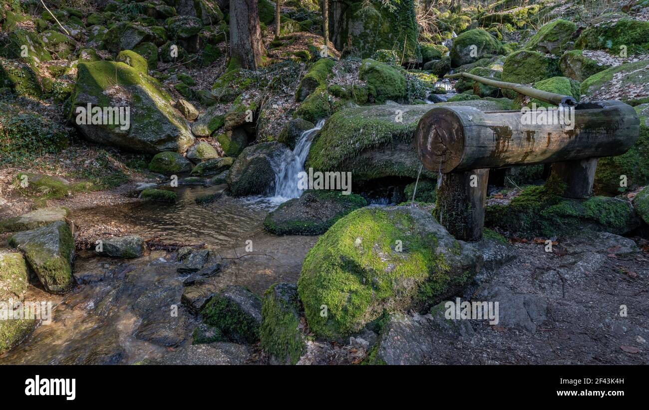 A tube with water source through big rocks in the forest Stock Photo ...