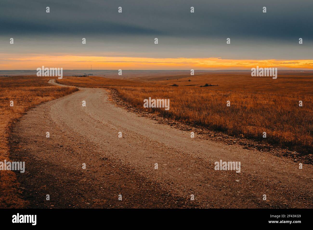 Empty dirt road in the prairie leading into the the horizon during ...