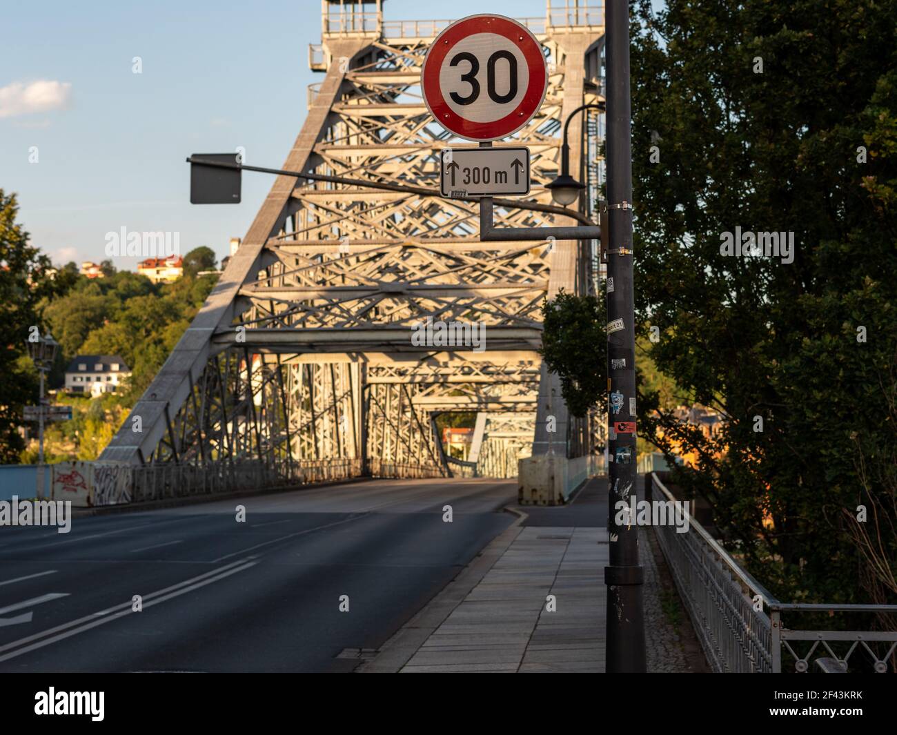 Speed limit road sign in front of the Loschwitz Bridge to guide traffic ...