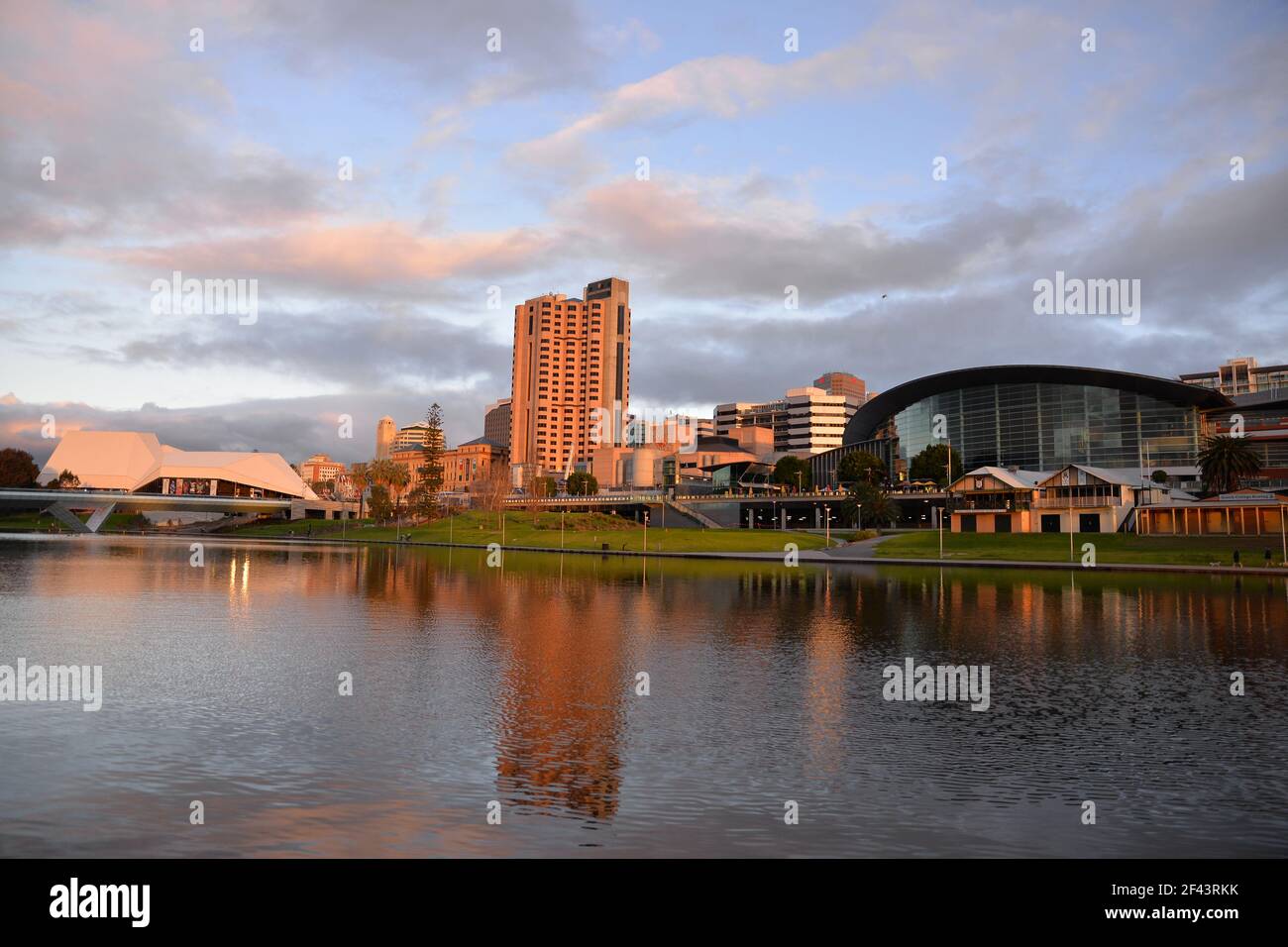 The Adelaide skyline taken at dusk as viewed from the River Torrens, in ...