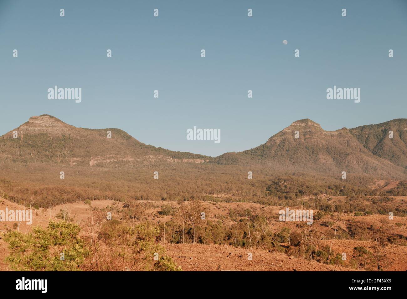 Australian Bush Mountain Backdrop in morning golden light with Blue Sky ...