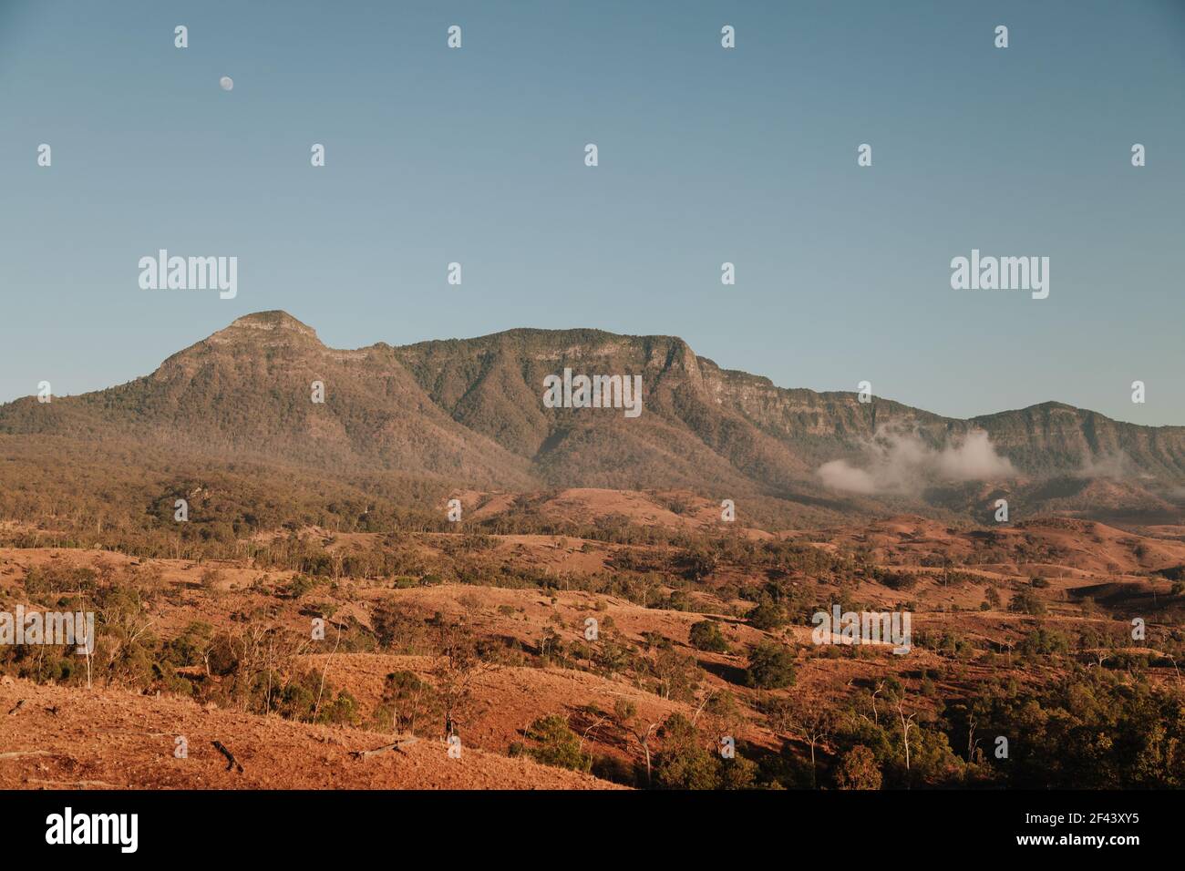Australian Bush Mountain Backdrop in morning golden light with Blue Sky ...