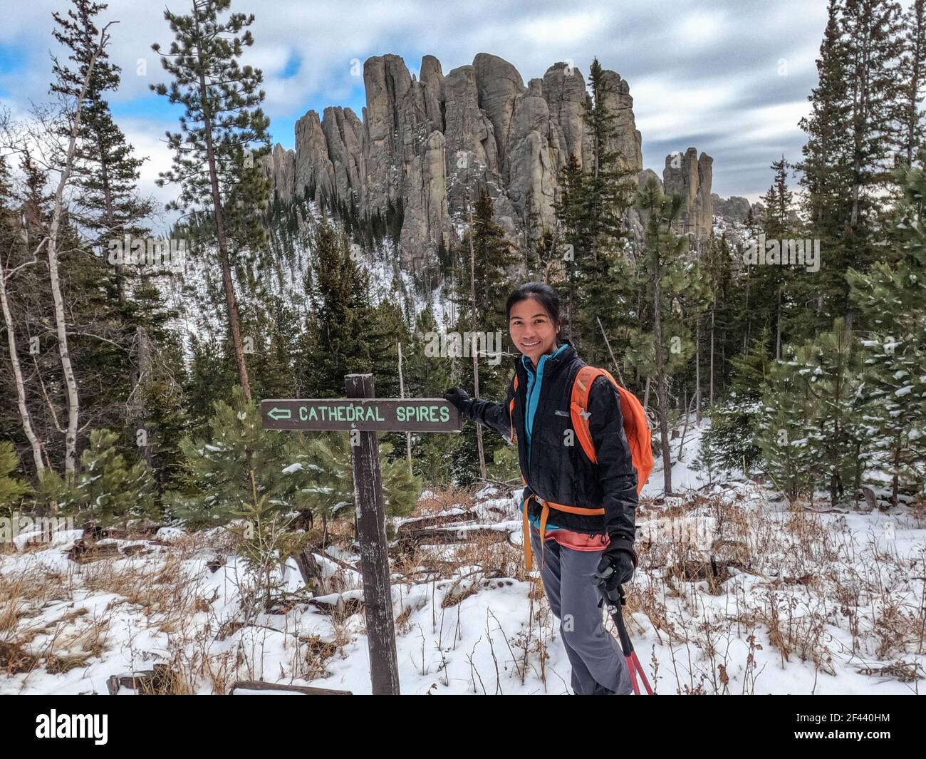 Trekker at the Cathedral Spires, Black Elk Peak Trail, Custer State ...