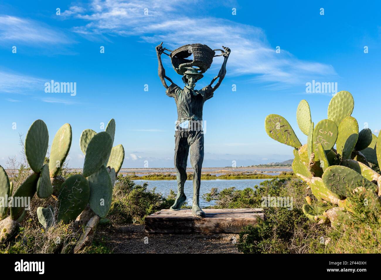 Sculpture in homage to the workers of the salt mine of Ibiza. Near the ...
