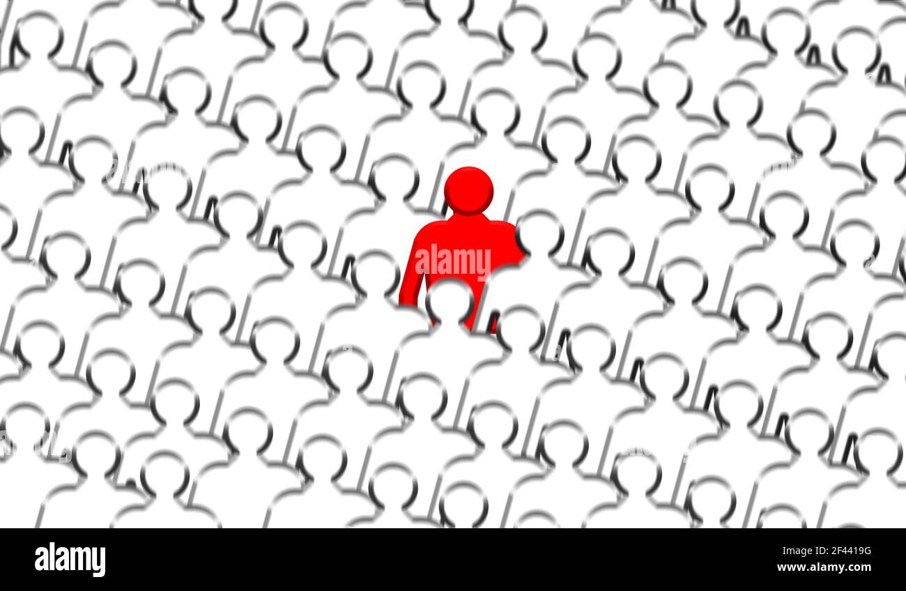 Red figure of a man stand out from identical white men in a large crowd ...