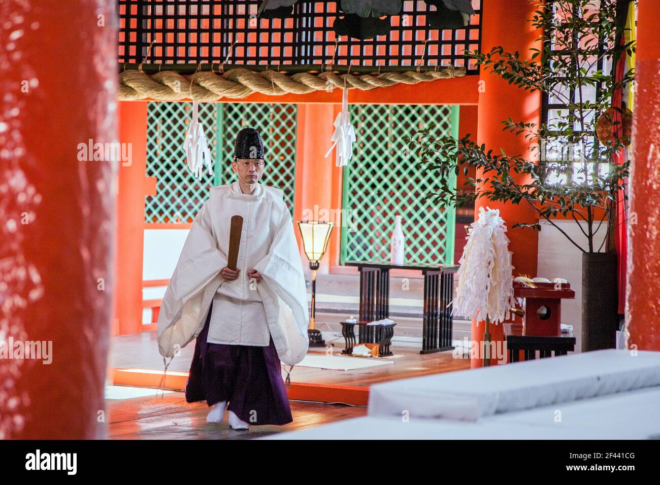 Shinto priest wearing white robes carrying a shaku (wooden mace) at ...