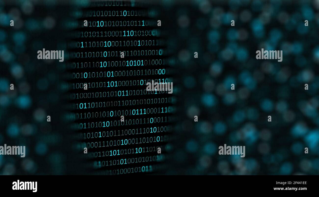 Blurred digital background with selective focus in binary codes lines or zero one digits ...