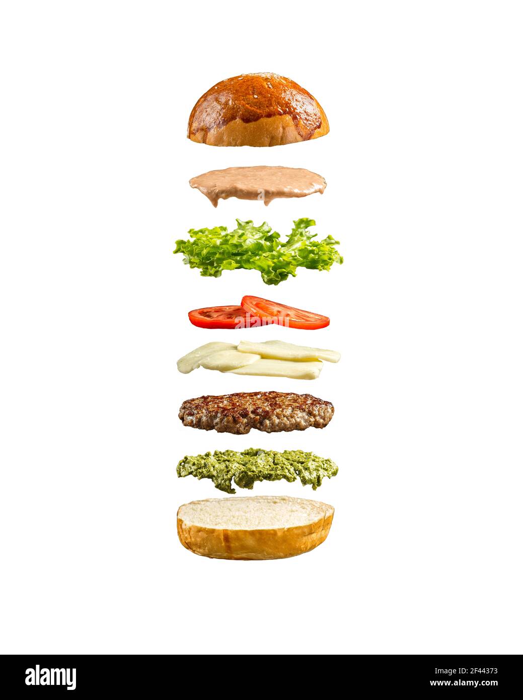 Isolated floating burger ingredients on the white Stock Photo - Alamy