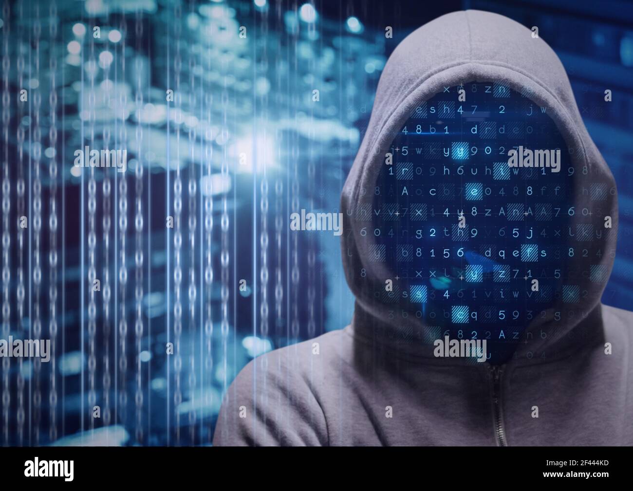 Composition of letters flashing and data processing over hacker wearing hood Stock Photo - Alamy