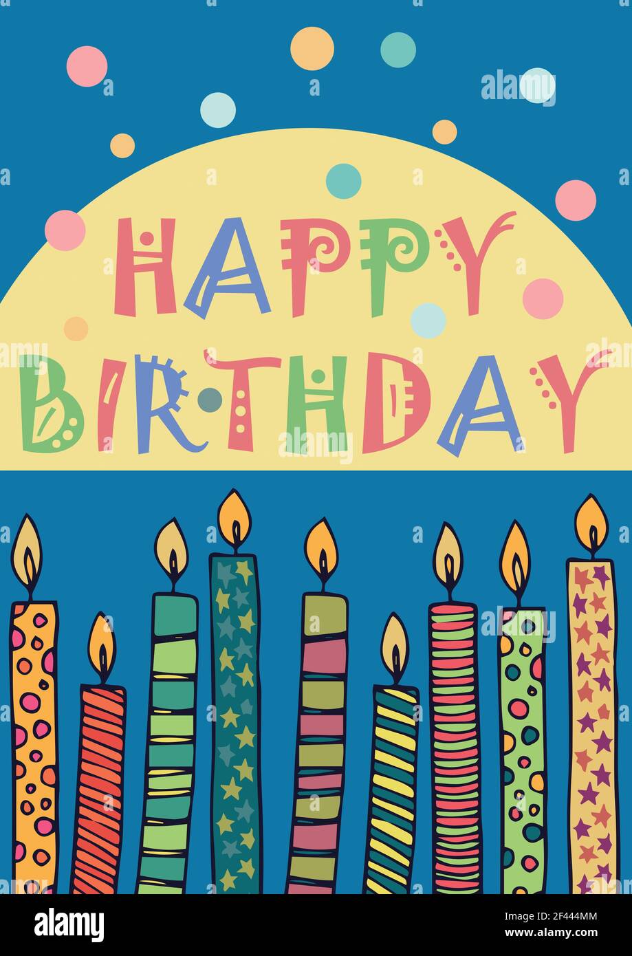 Digitally generated image of happy birthday text and multiple candles ...
