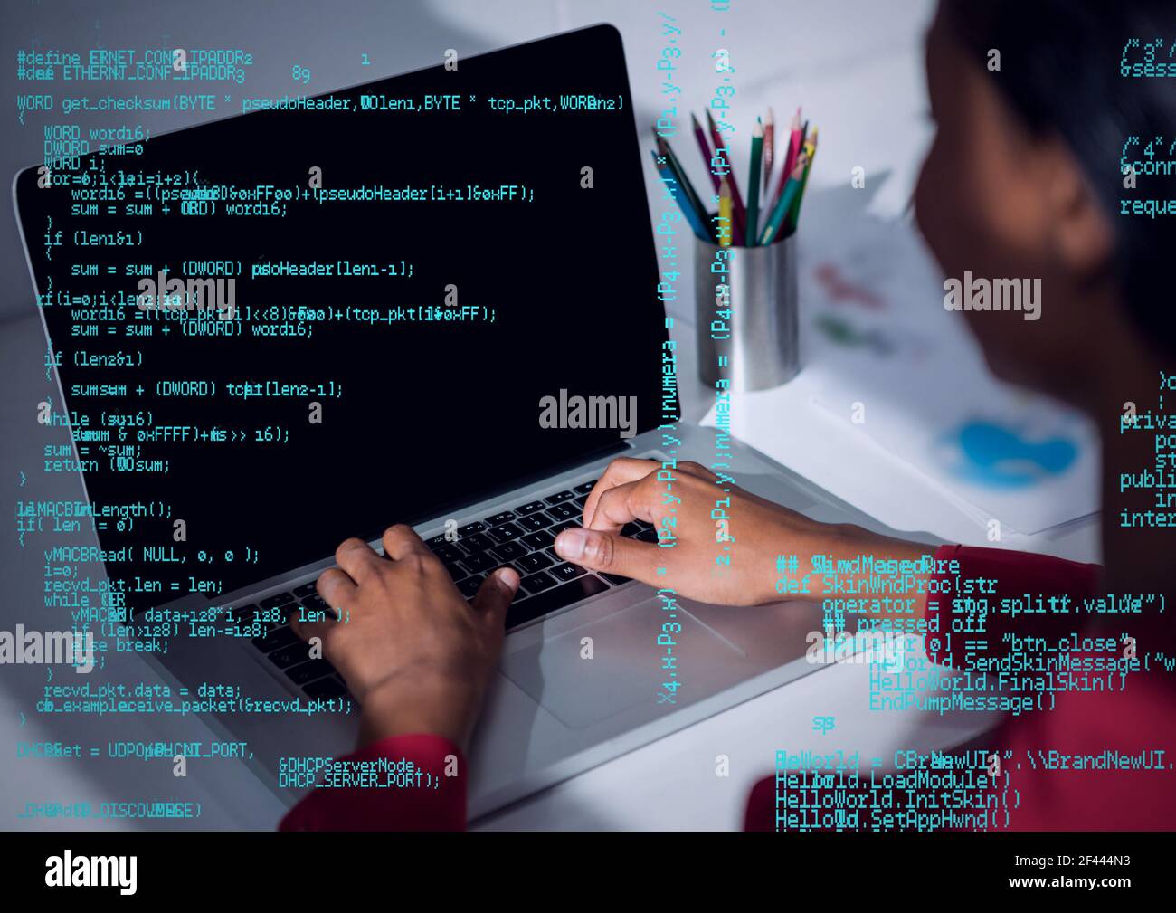 Composition of blue data processing over woman using laptop in ...