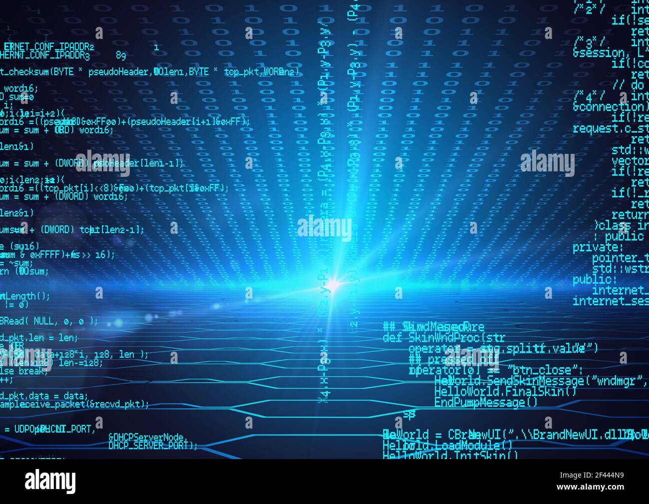 Composition Of Binary Coding And Data Processing Over Blue Glowing