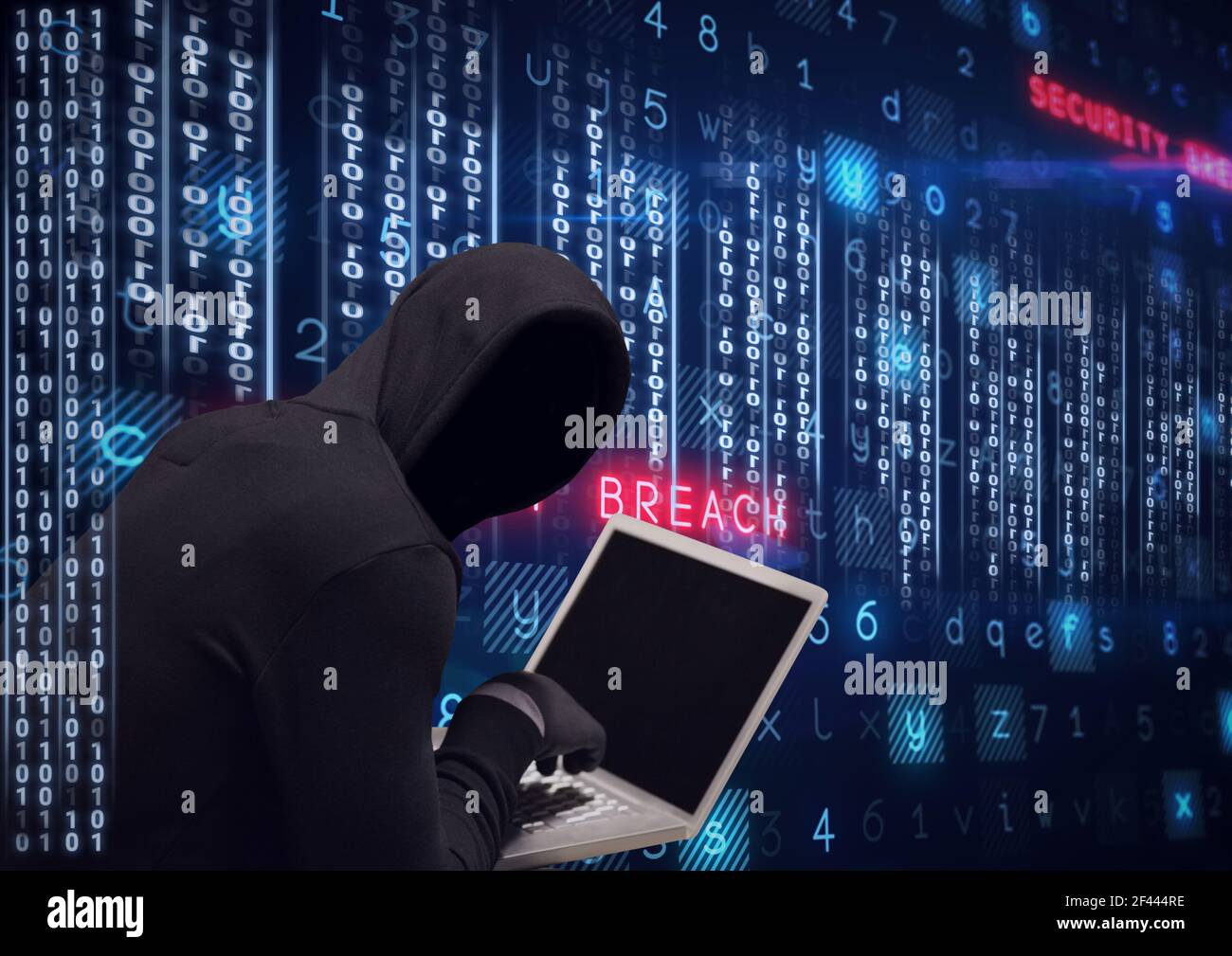 Composition Of Binary Coding And Cyber Crime Warning Text Over Hacker In Hood Using Laptop Stock