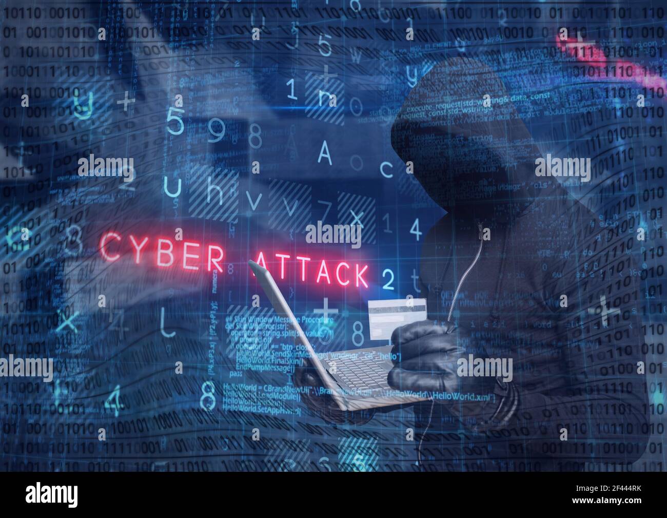 Composition Of Binary Coding And Cyber Attack Warning Text Over Hacker In Hood Using Laptop