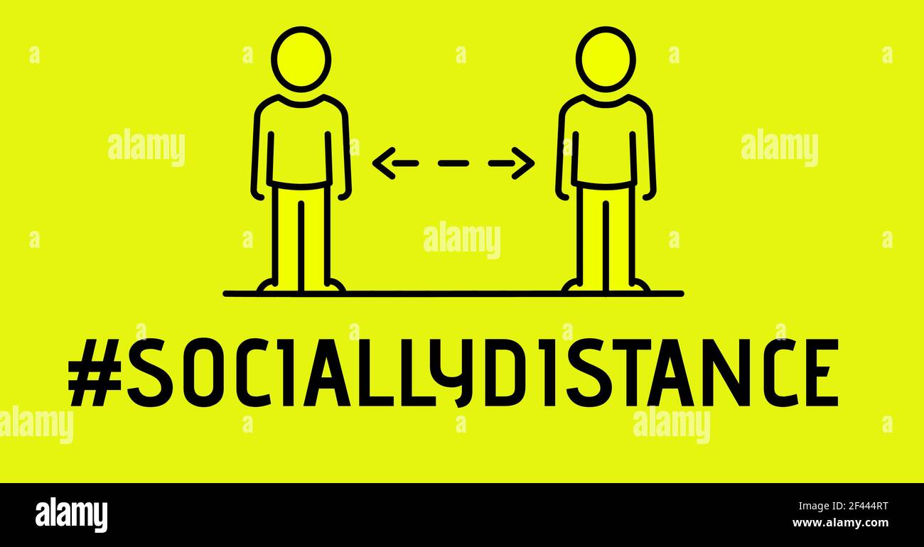 Illustration of socially distance text with two black outline people ...