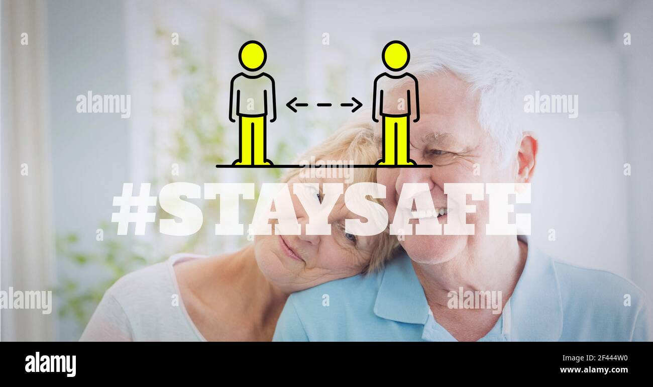 Stay safe text and illustration of two people silhouettes over smiling ...