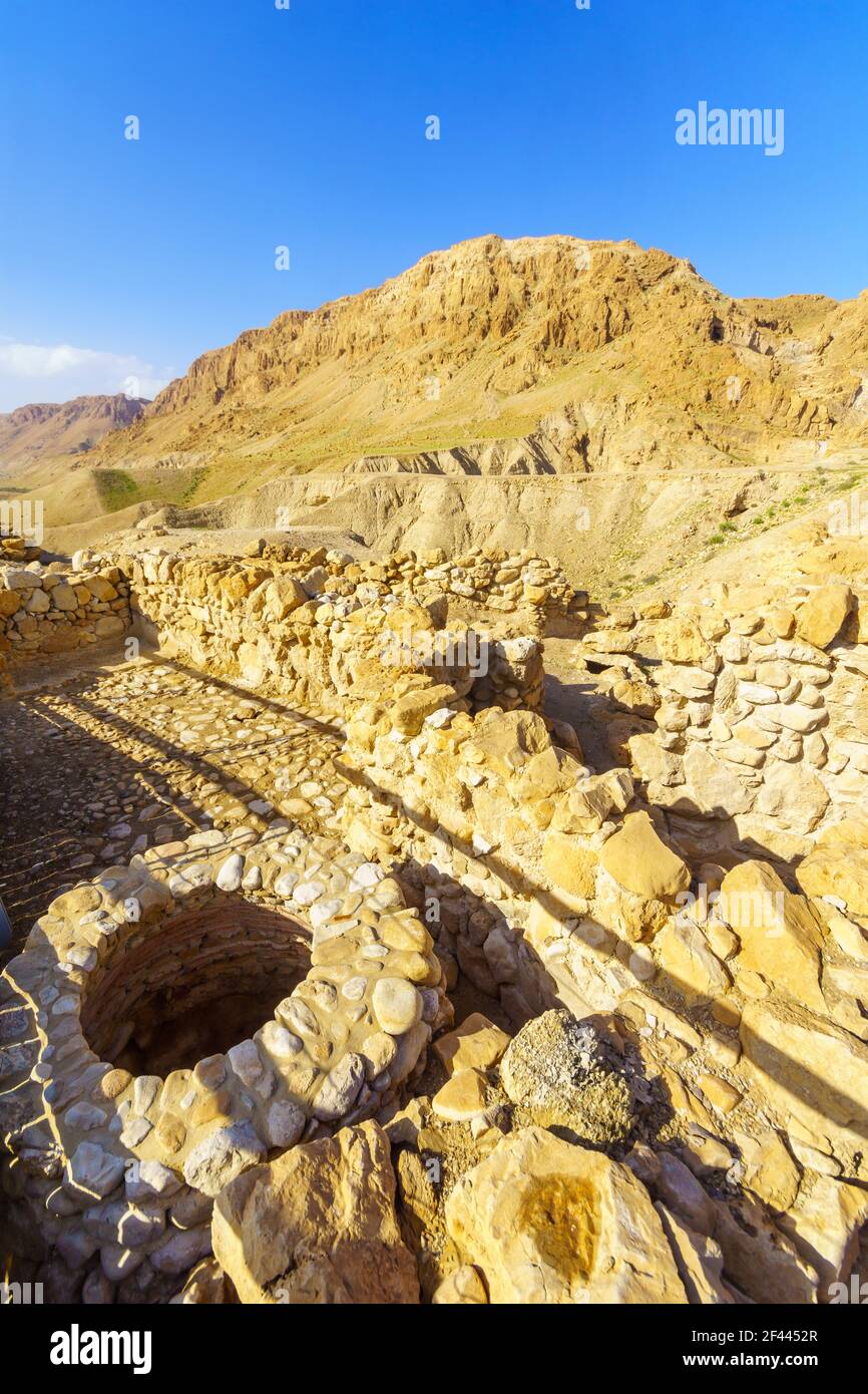 View of the ancient site of Qumran, North West of the Dead Sea ...