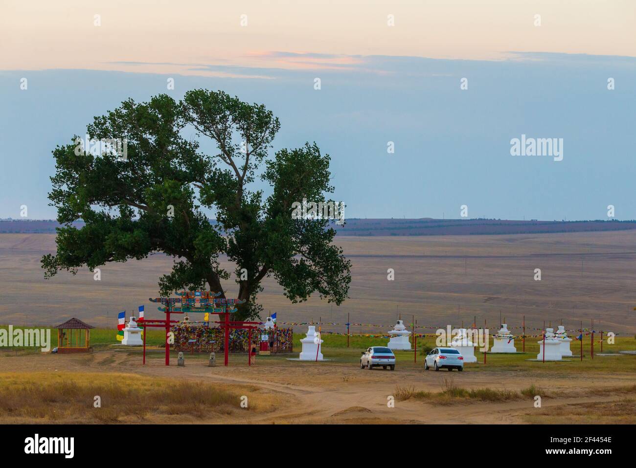 The sacred tree in Kalmykia. Silhouette of a gate or arch at the ...