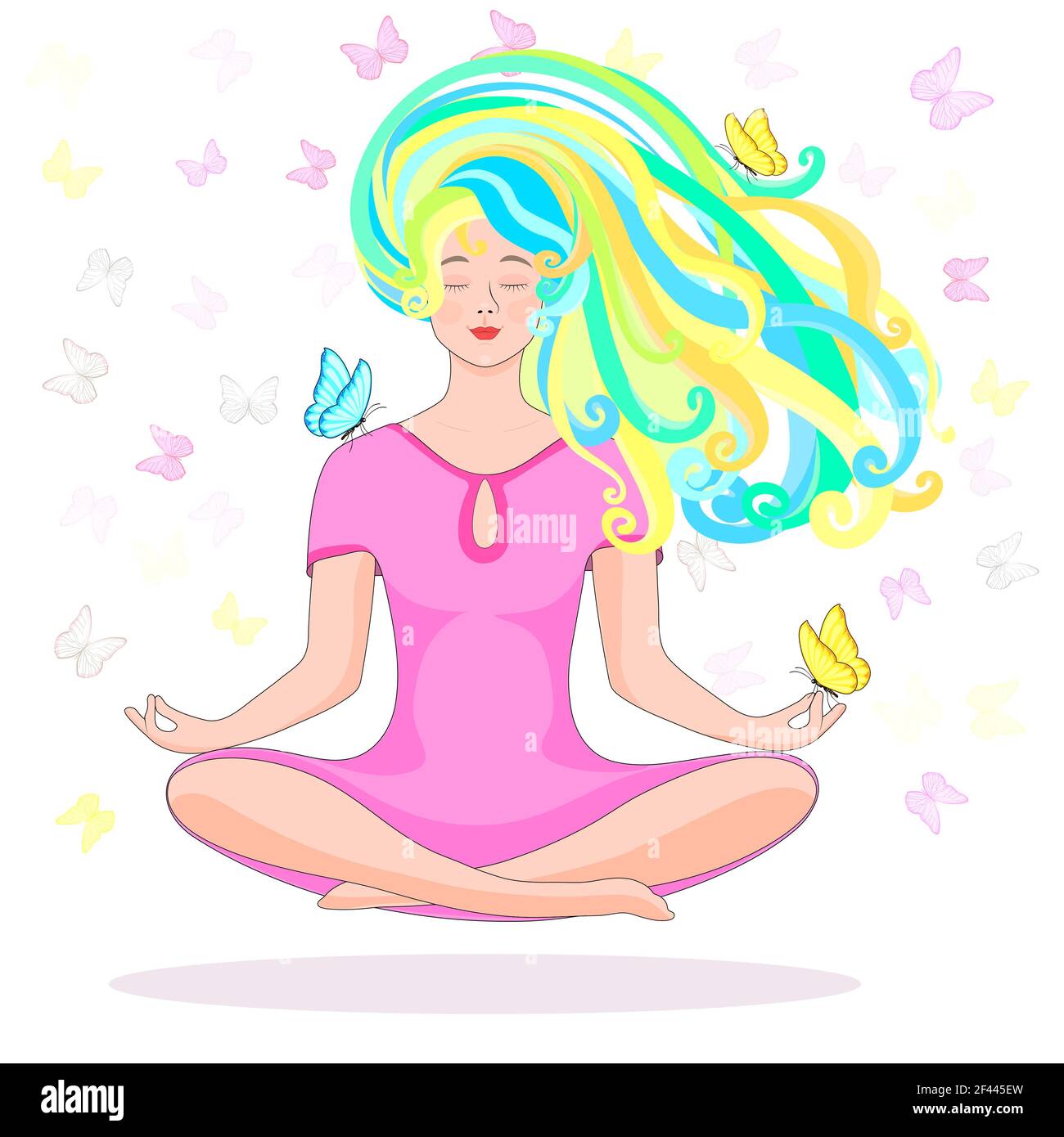 A woman meditates in nature . The lotus position. Butterflies fly ...