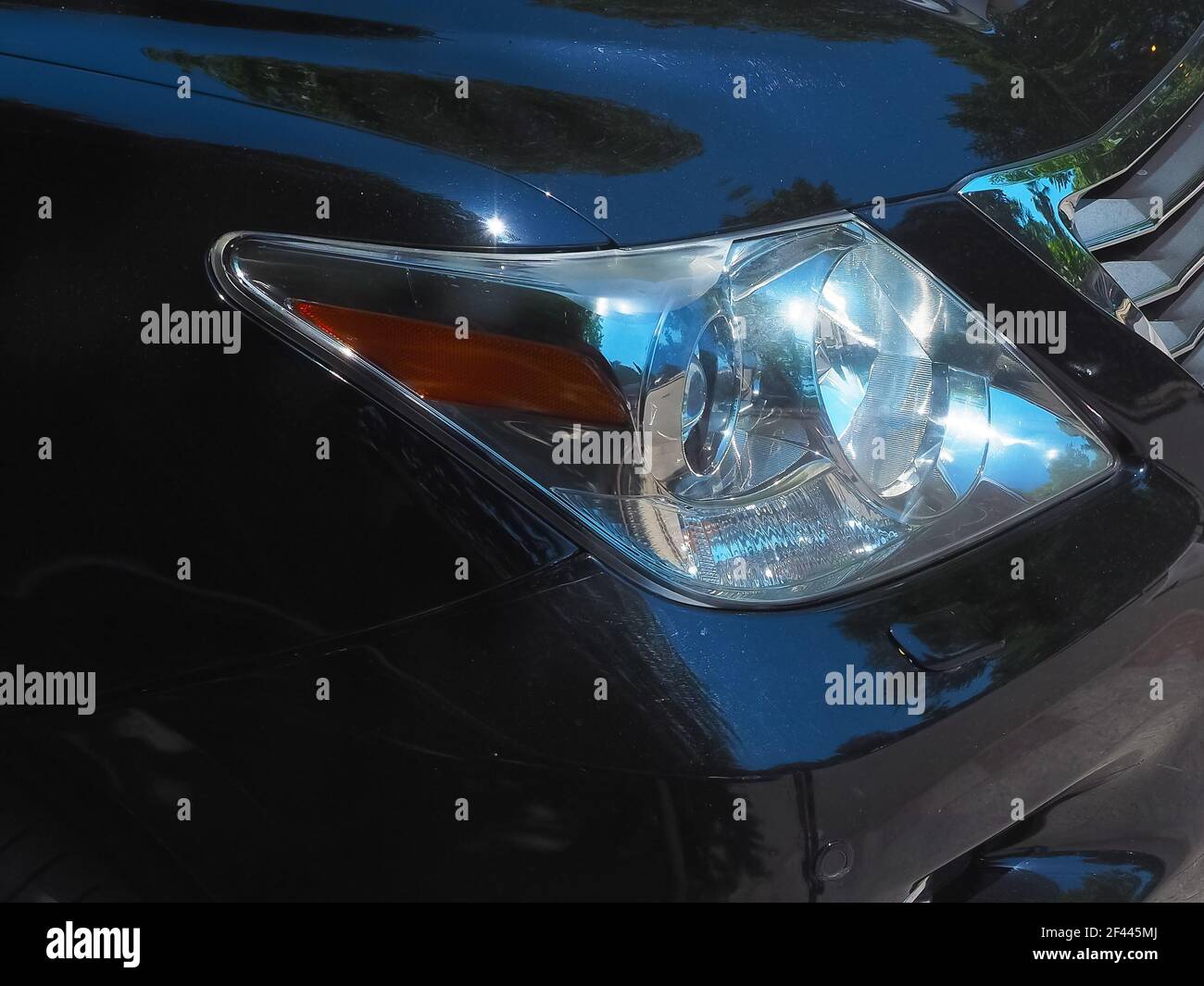 The shiny headlight of glossy black car is illuminated by the sun ...
