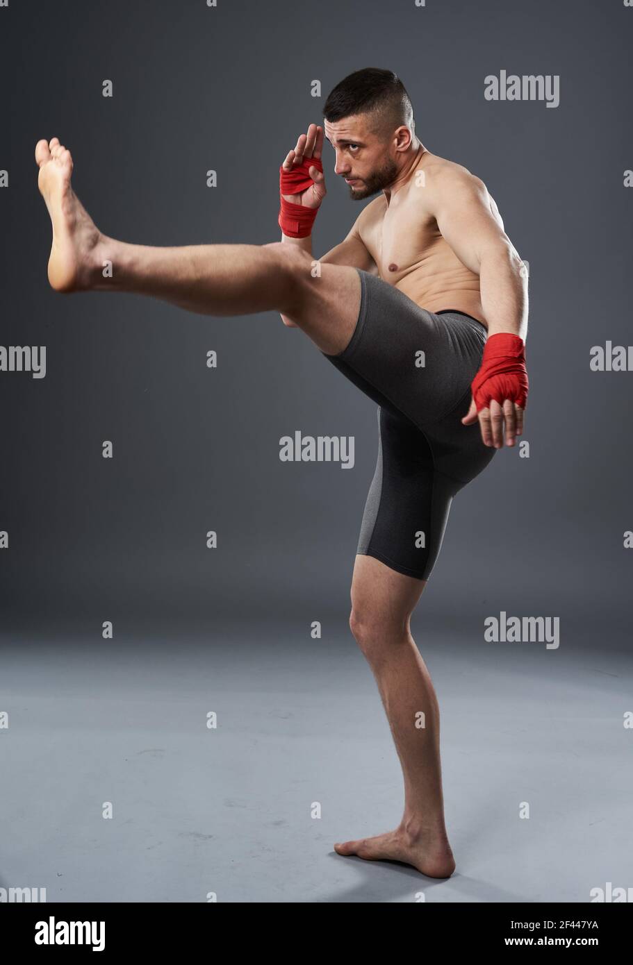 MMA fighter throwing a leg kick, studio shot isolated on gray ...