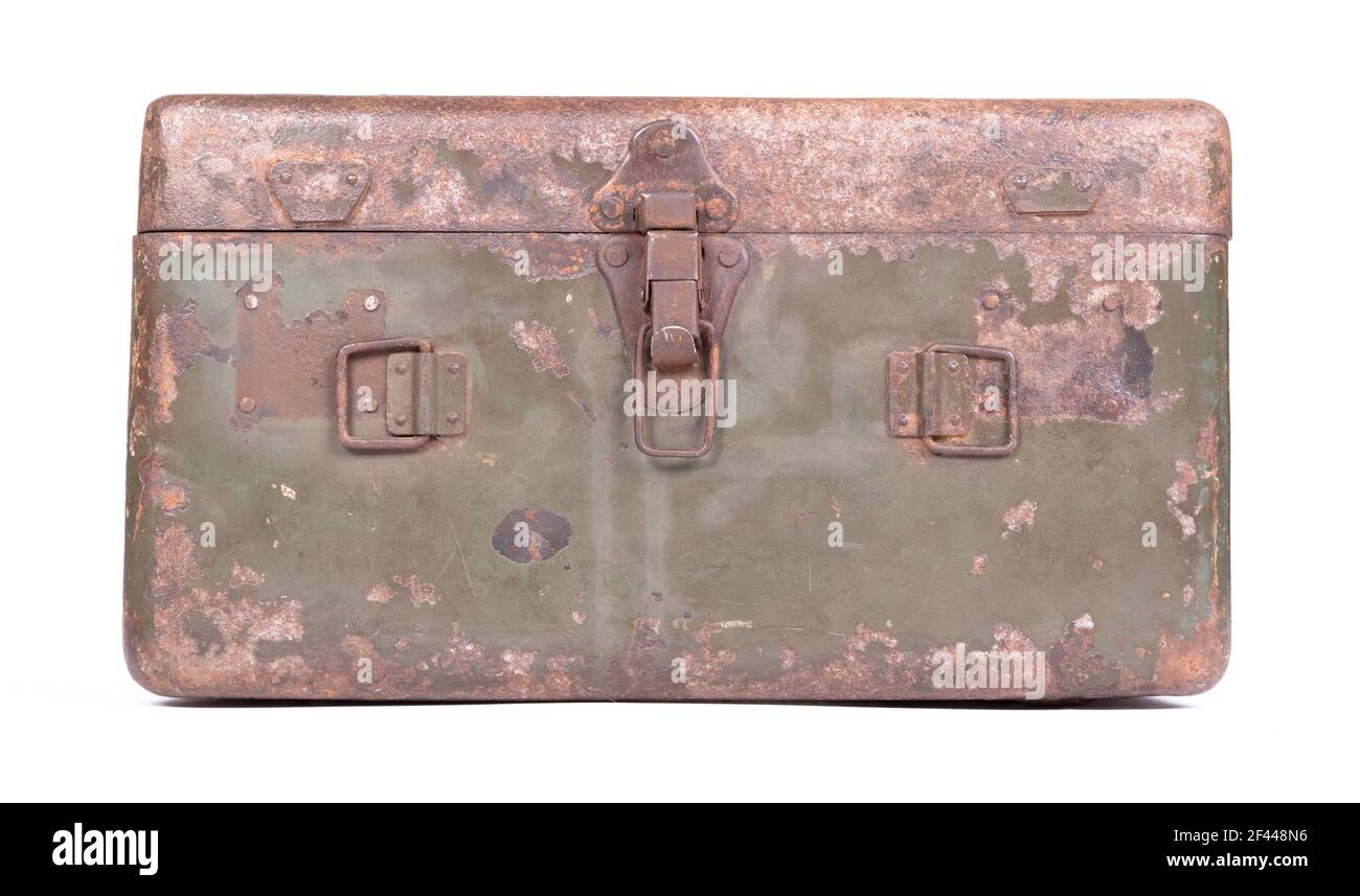 Old rusted green army case, isolated on white Stock Photo - Alamy