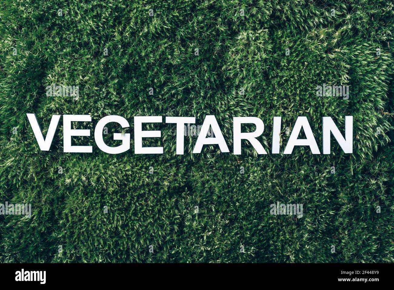 Word Vegetarian on moss, green grass background. Top view. Copy space ...