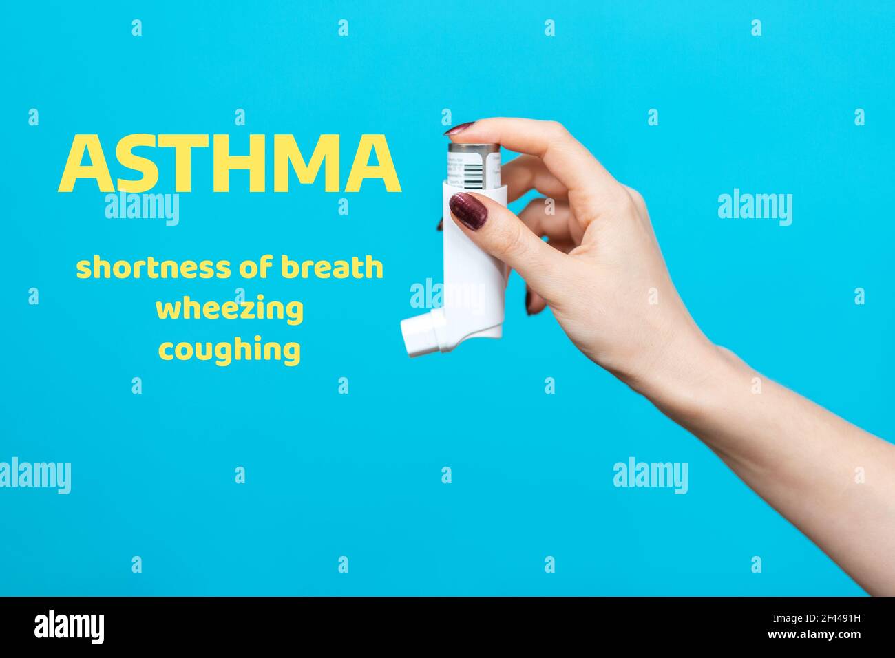 Symptoms of asthma. A woman's hand holds an inhaler with medicine. Side ...