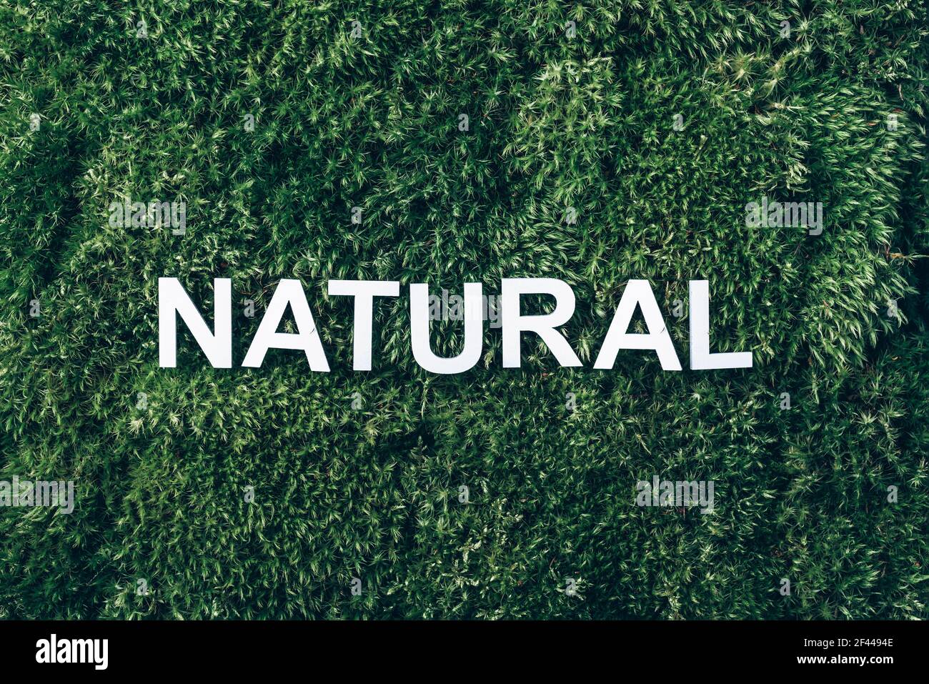Word Natural on moss, green grass background. Top view. Copy space ...