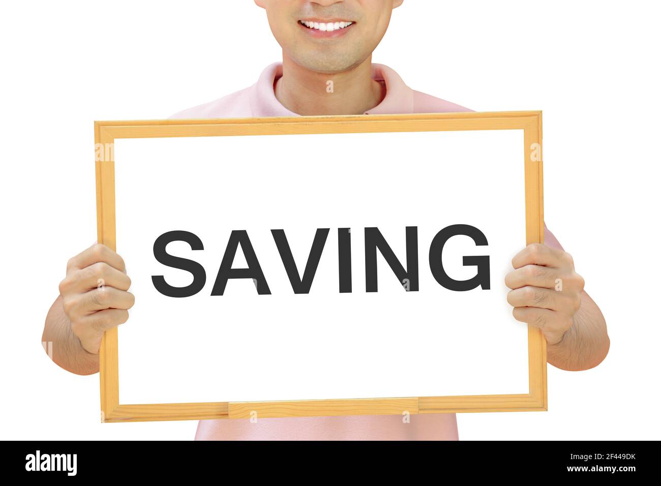 SAVING word on whiteboard held by smiling man Stock Photo - Alamy