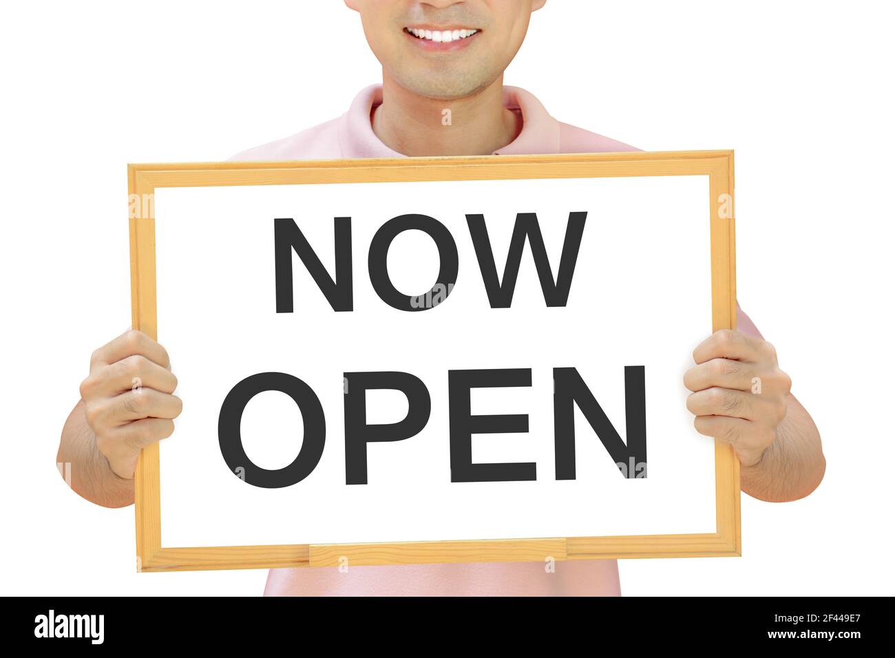 NOW OPEN sign on whiteboard held by smiling man Stock Photo - Alamy