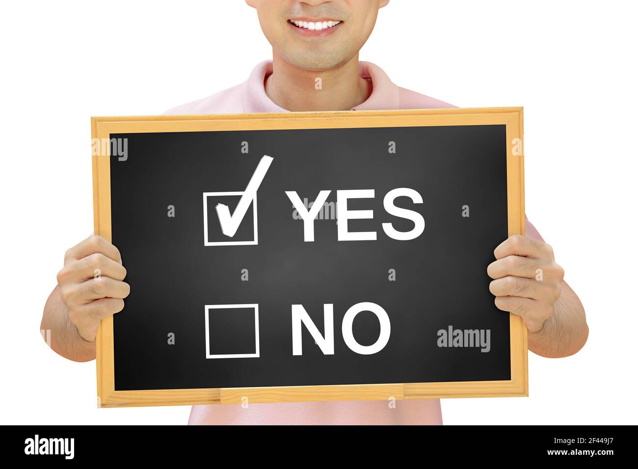 YES NO check boxes on blackboard held by smiling man - survey ...