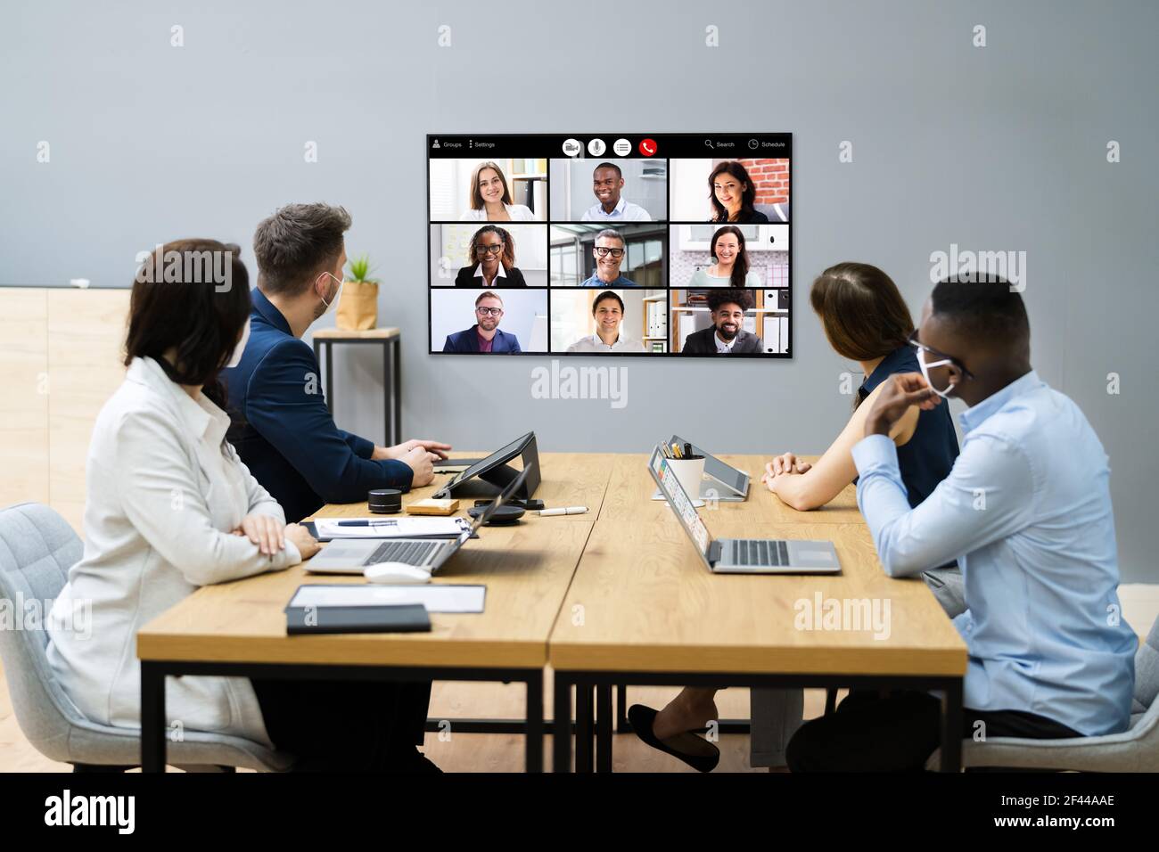 Video Conference Call At Business Meeting. Group Conferencing Stock ...