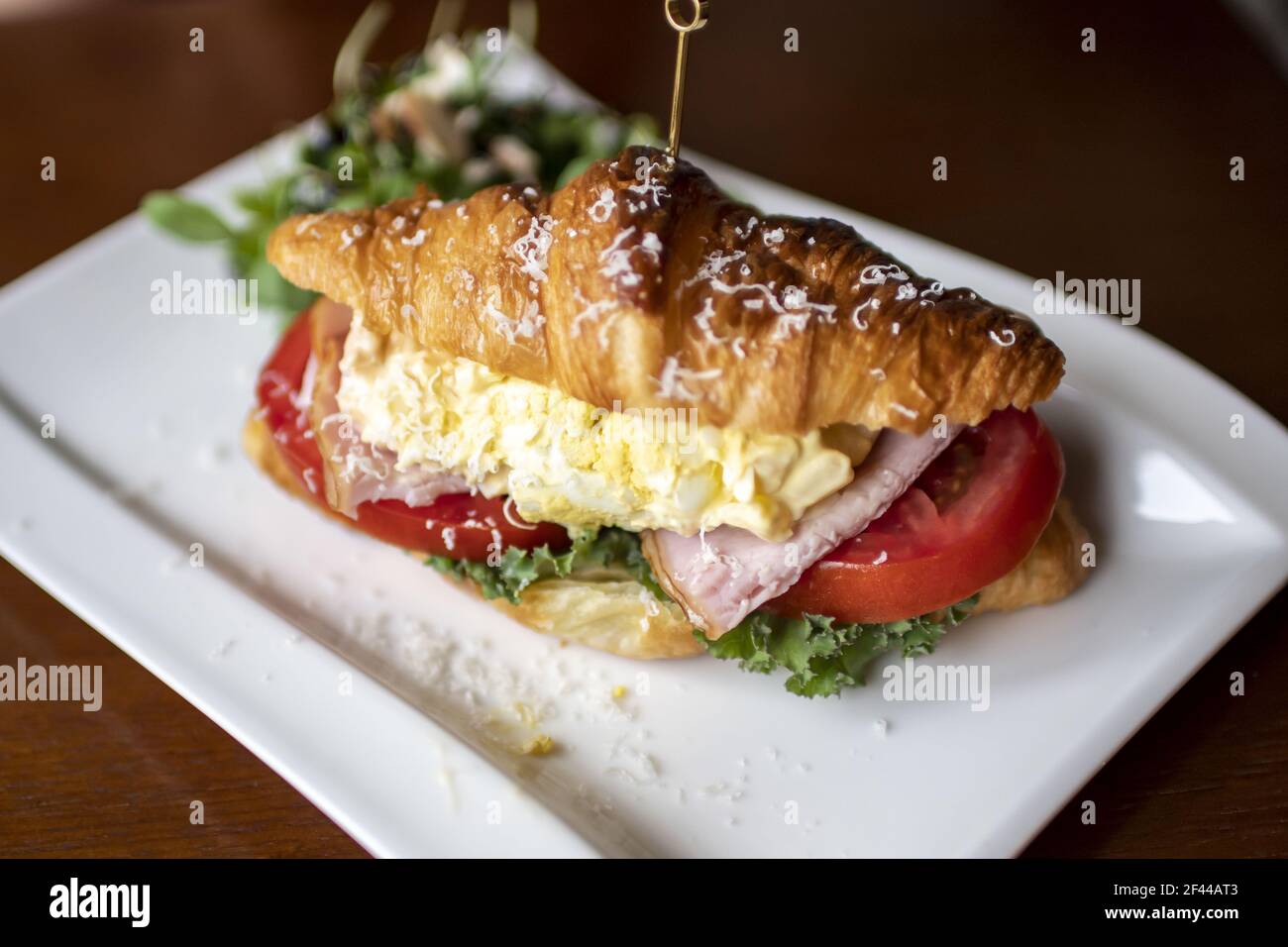 A closeup shot of a sandwich with tomatoes and bacon in a croissant ...