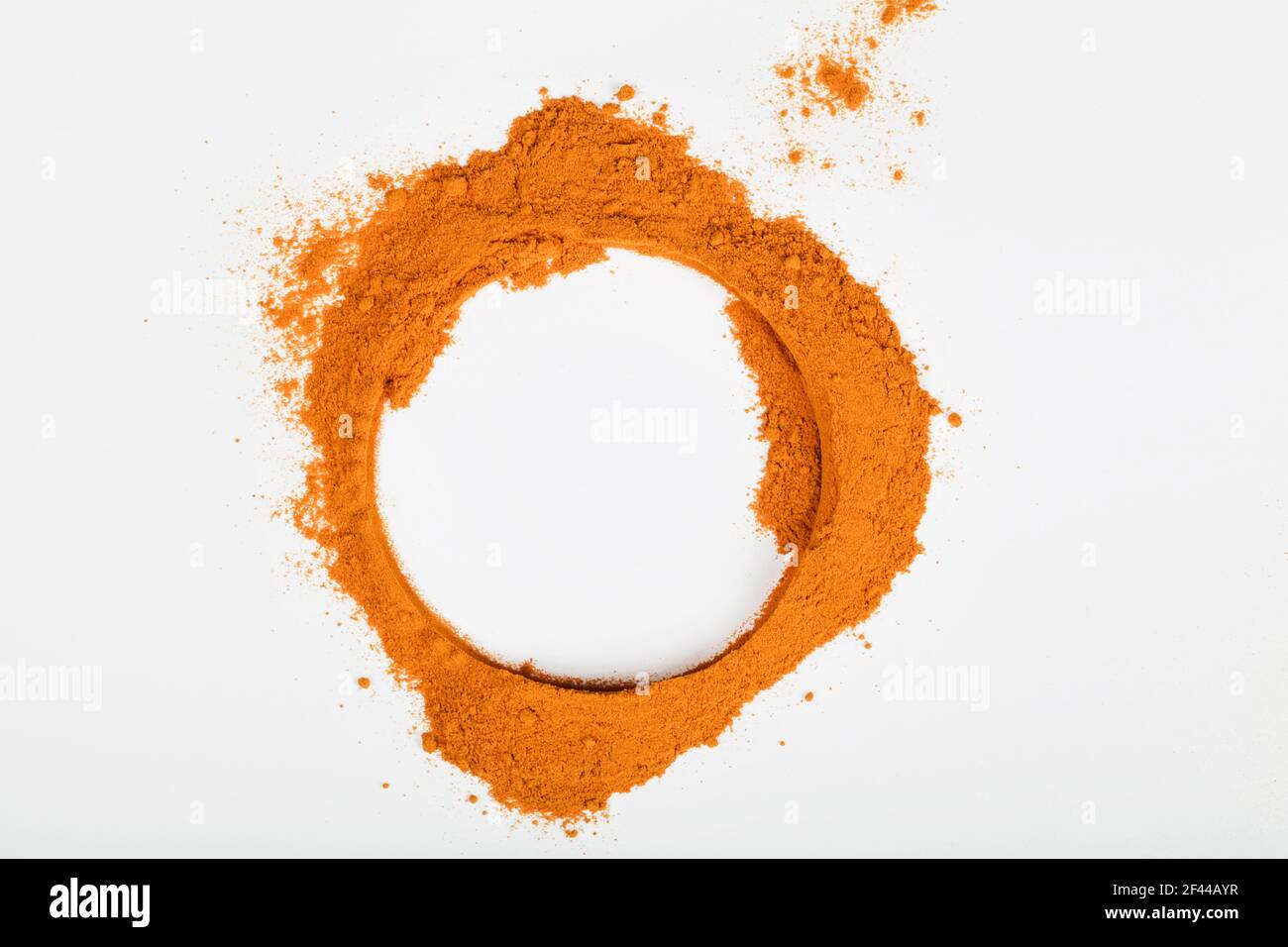 yellow curcuma or turmeric powder on white background. top view. copy ...