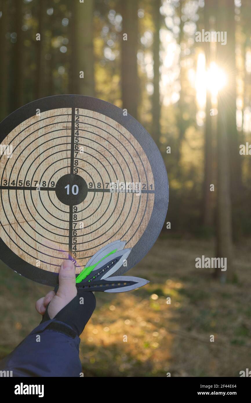 Throwing knives. Sport and hobby concept.Throwing knives and target in ...