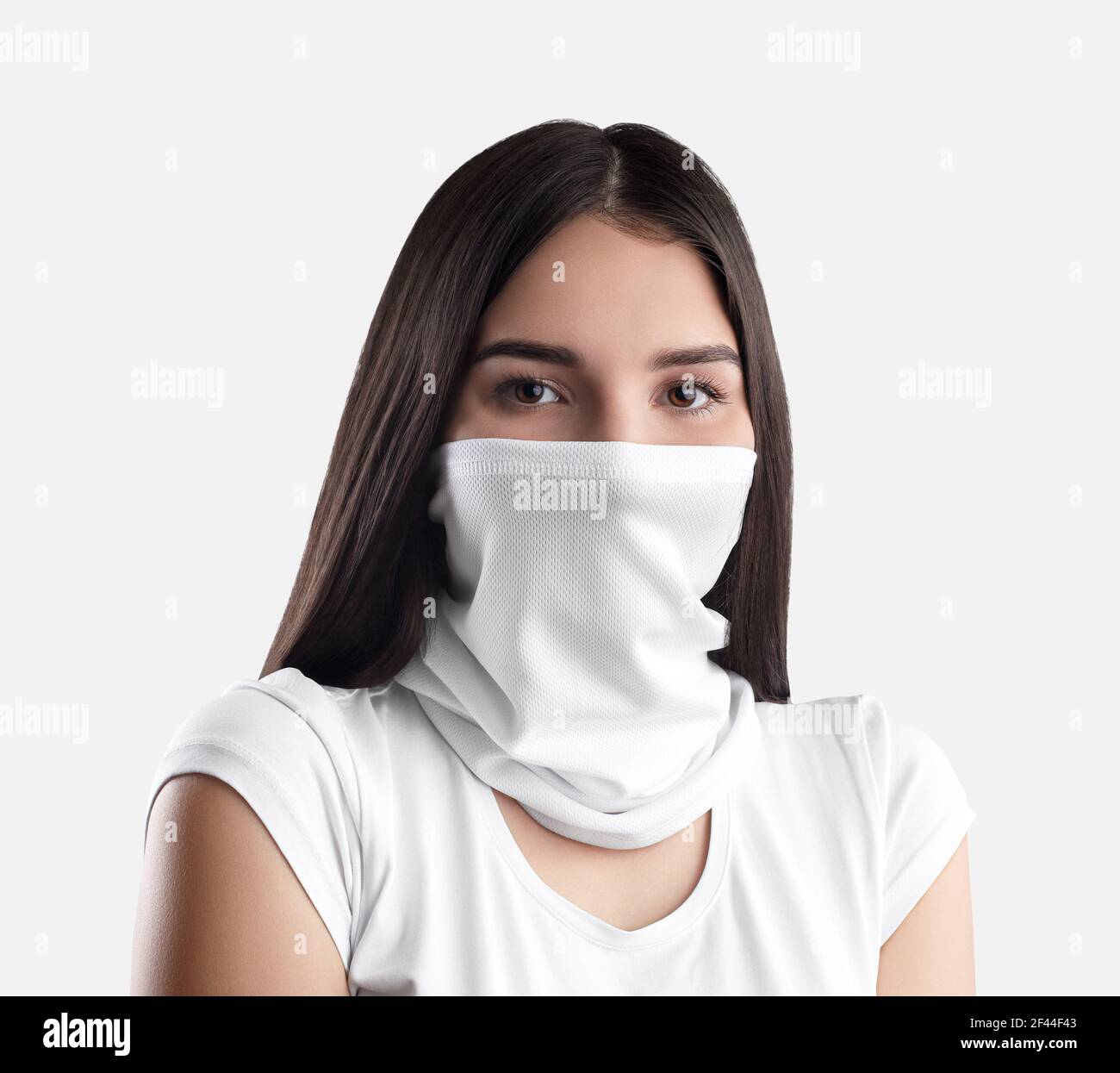 Mockup of a white cloth buff on the face of a beautiful girl with dark ...