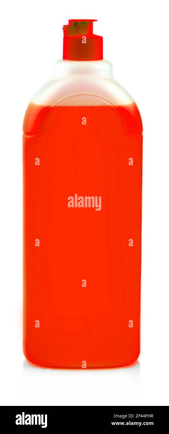 The red bottle with dishwashing detergent on white background Stock ...