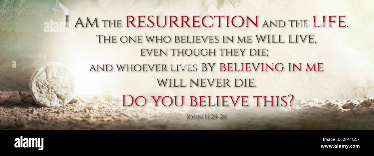 Stone is rolled away from empty grave on Easter morning. Jesus Christ ...